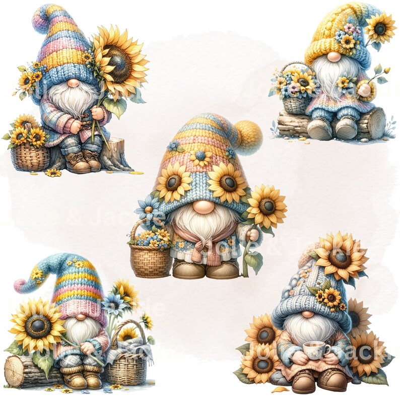 Watercolor Sunflowers Gnome Clipart Bundle Png, Garden Clipart, Spring ...