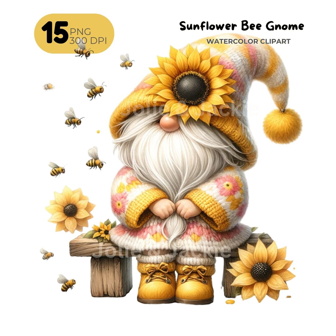 Watercolor Sunflower Bee Gnome Clipart PNG Garden Clipart Gnome Nursery ...
