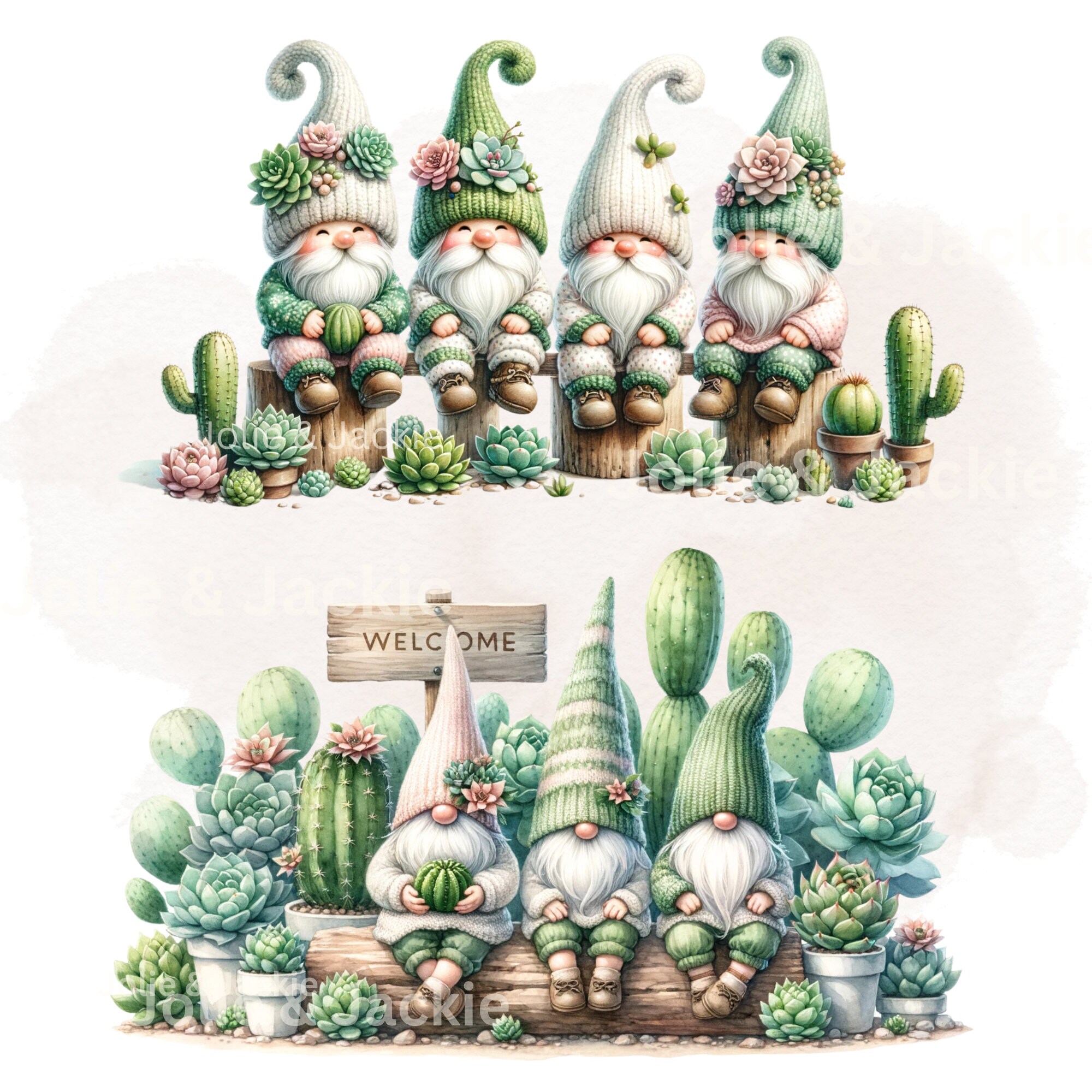 Watercolor Succulent Cactus Gnome Clipart Bundle Png, Succulent Garden ...