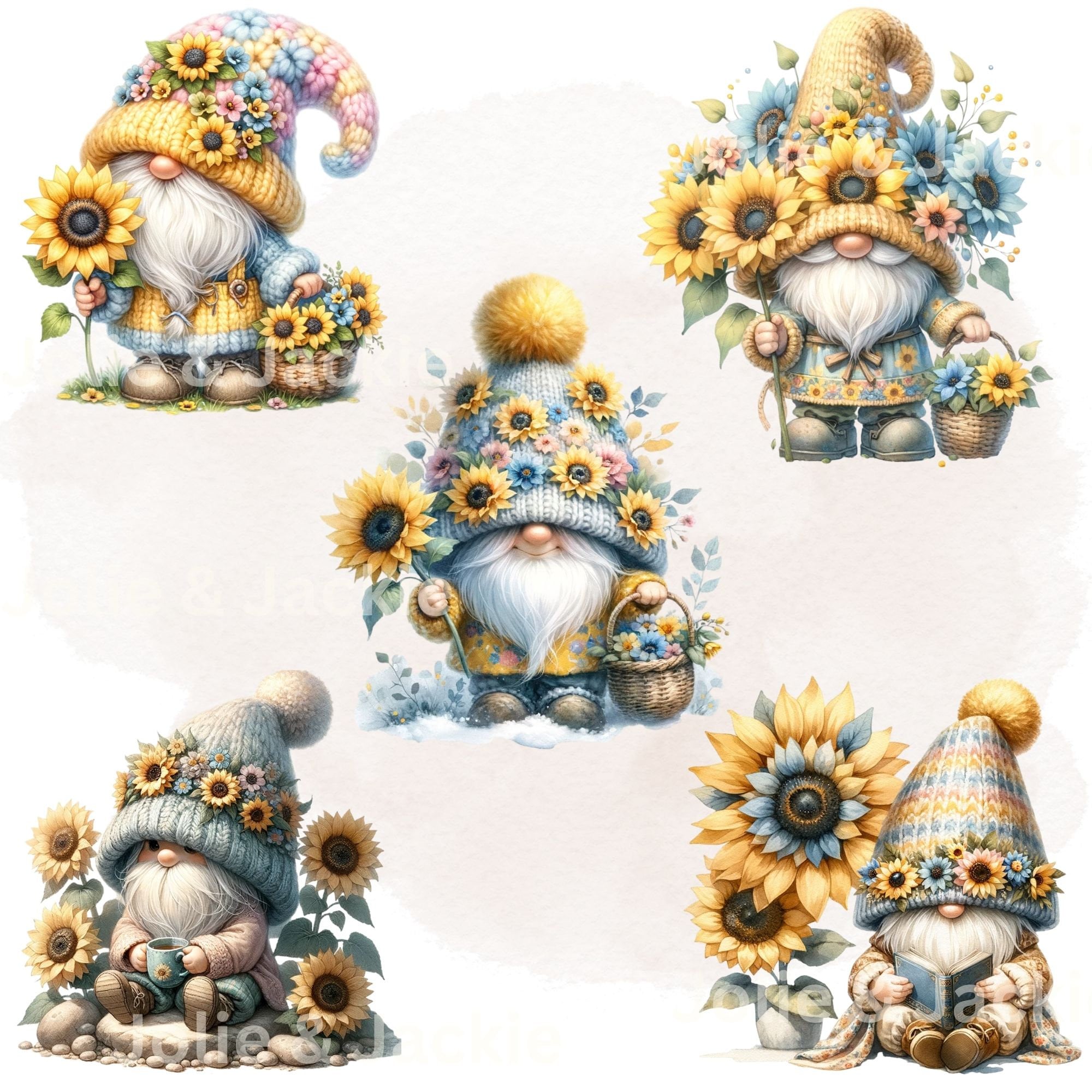 Watercolor Sunflower Gnome Clipart Bundle (PNG) - Etsy