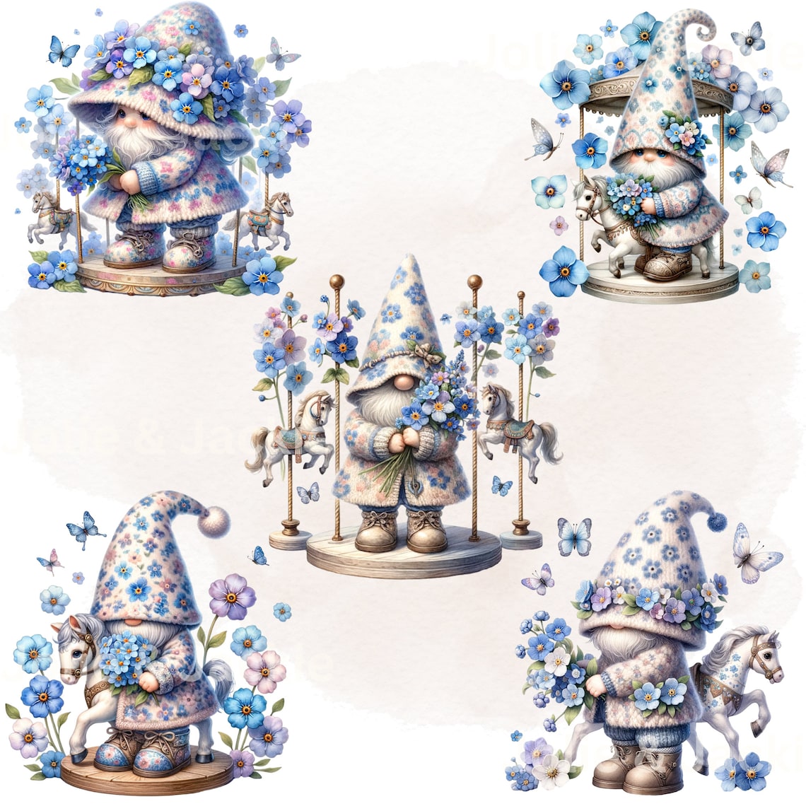 Watercolor Forget Me Not Flower Wreath Gnome Clipart Bundles, Gnome ...