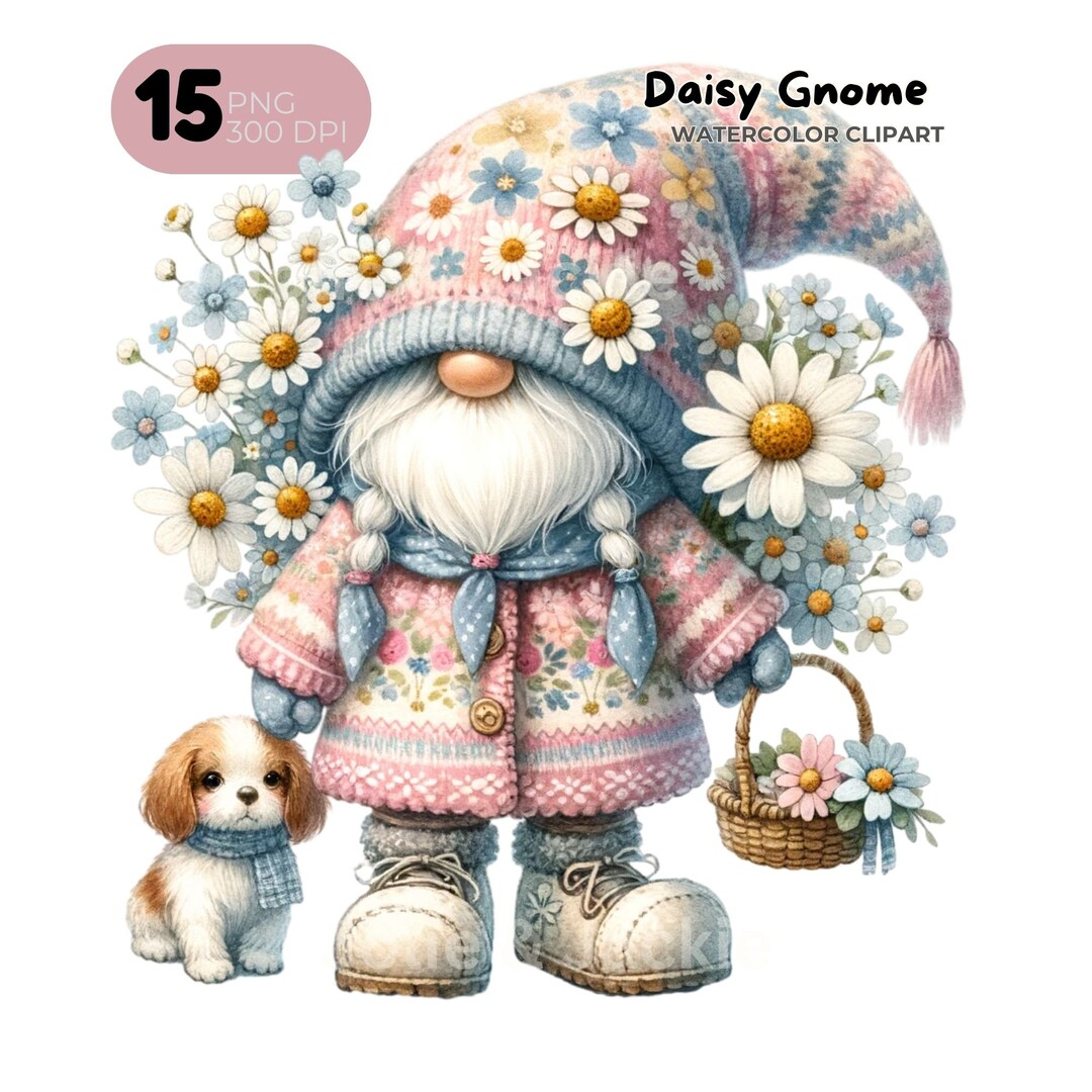 Watercolor Daisy Gnome Clipart Bundle PNG, Garden Clipart, Gnome ...