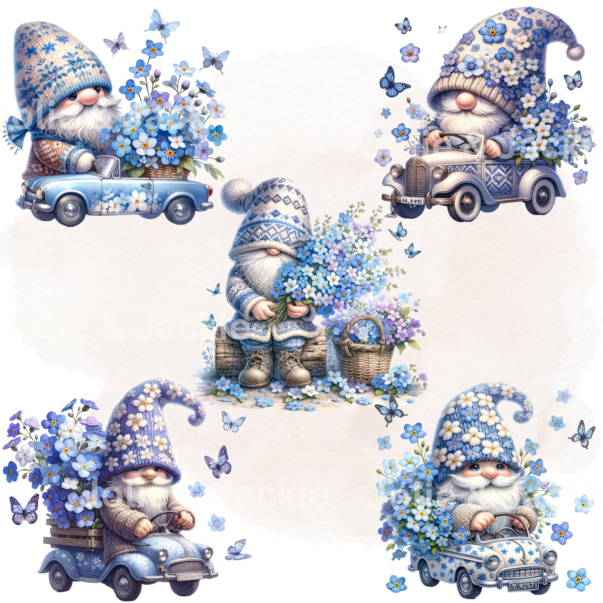 Watercolor Forget Me Not Flower Wreath Gnome Clipart Bundles, Gnome ...