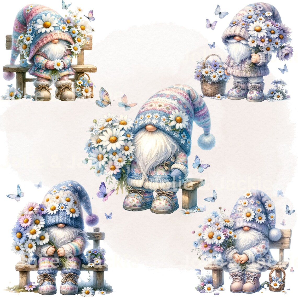 Watercolor Daisy Gnome Clipart Bundle Png, Garden Clipart, Spring Gnome ...