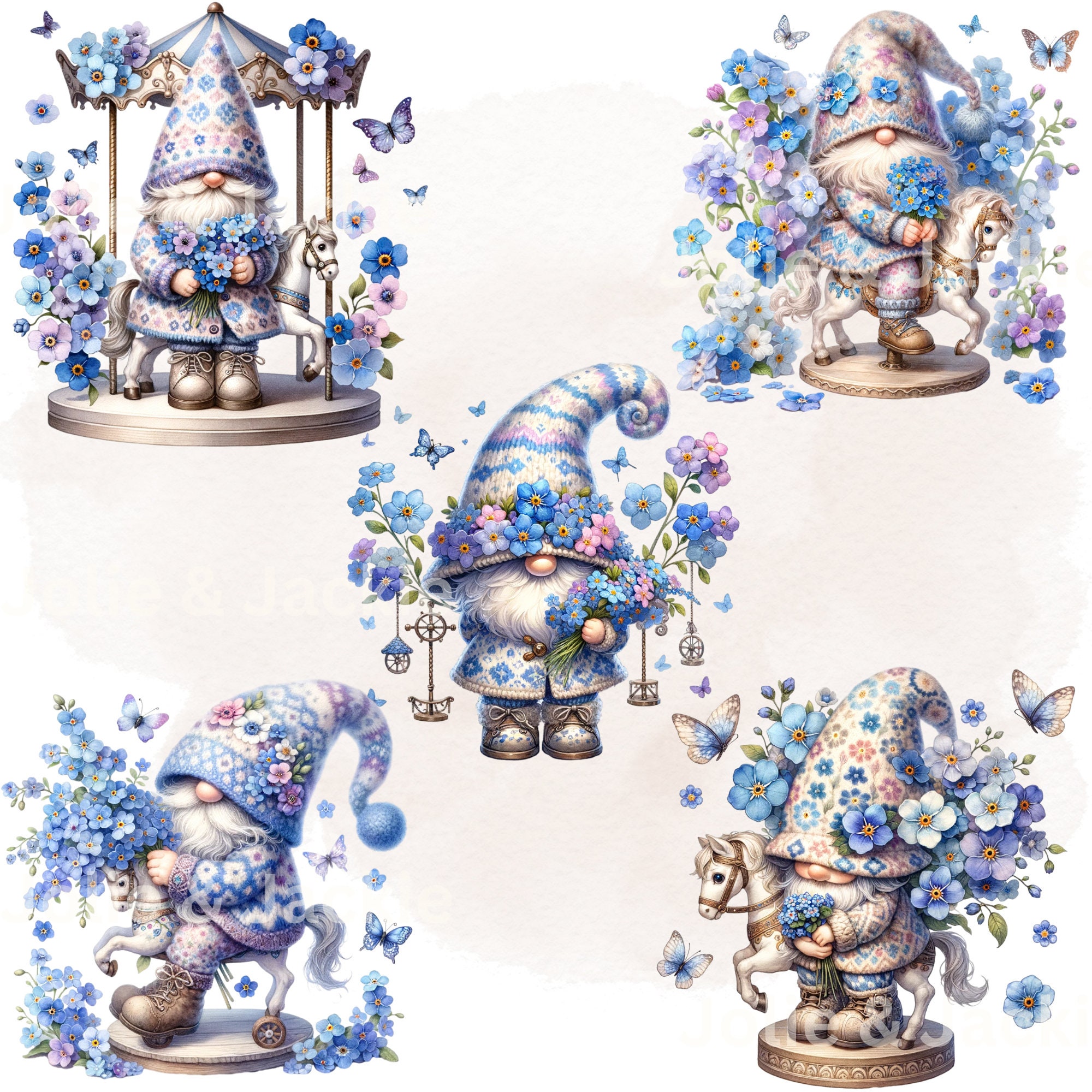 Watercolor Forget Me Not Flower Wreath Gnome Clipart Bundles, Gnome ...