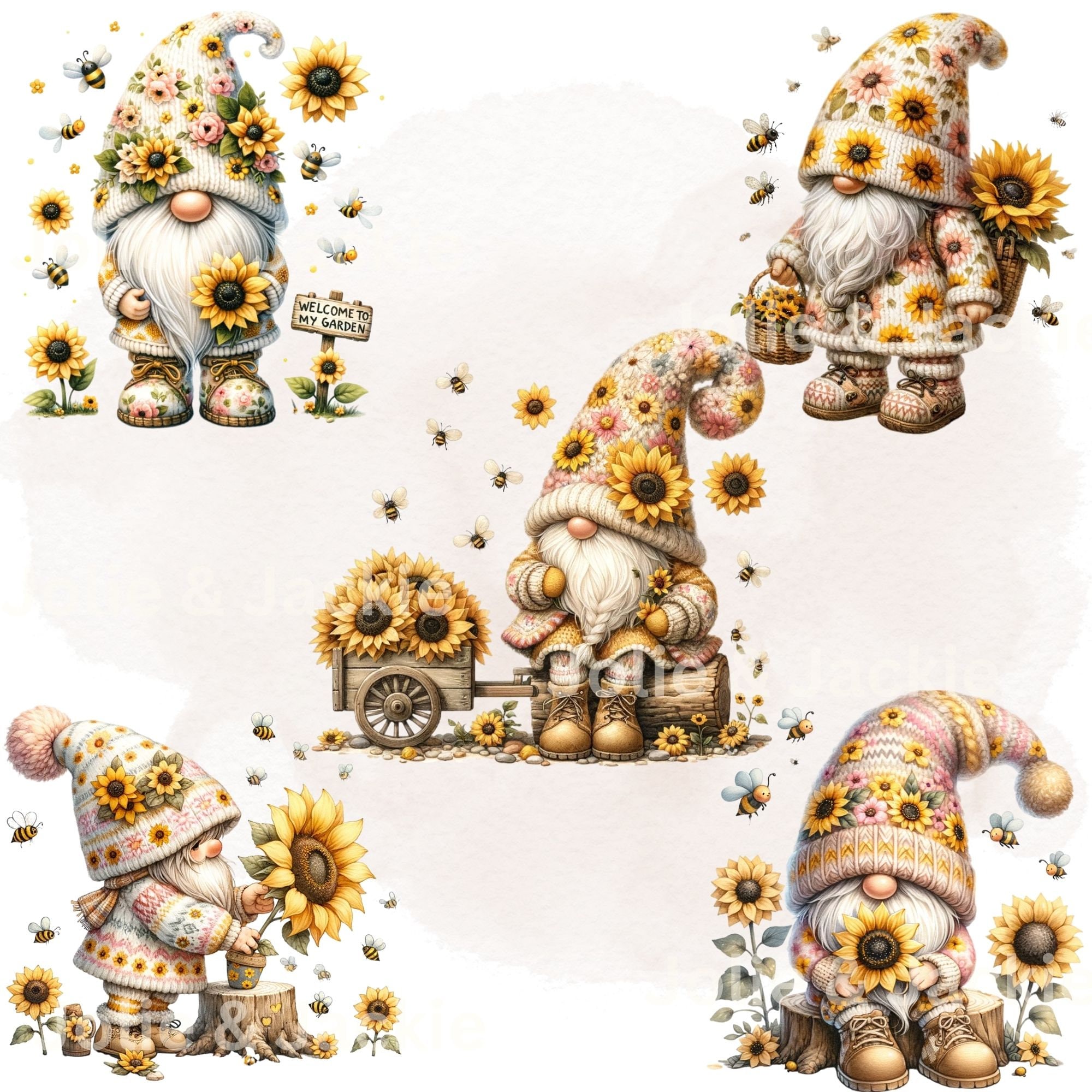 Watercolor Sunflower Bee Gnome Clipart PNG Garden Clipart Gnome Nursery ...