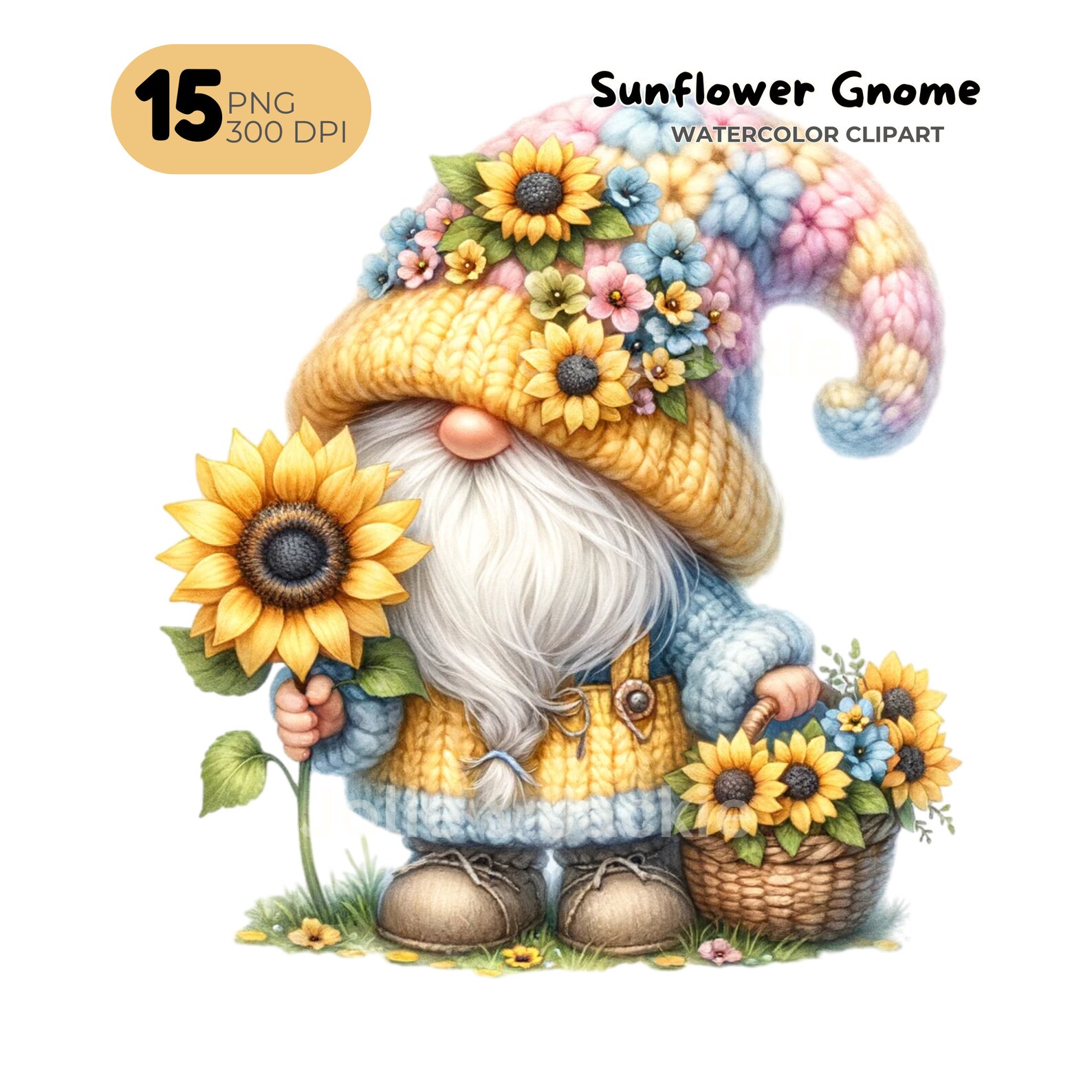 Watercolor Sunflowers Gnome Clipart Bundle Png, Garden Clipart, Spring ...