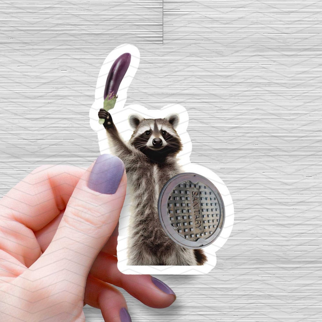 Raccoon With Eggplant and Sewer Cover Waterproof Glossy Sticker ...