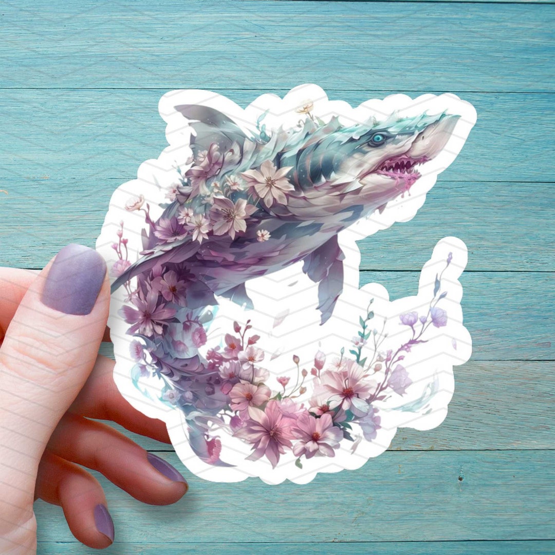 Floral Shark Waterproof Glossy Sticker, Shark Lover Stickers, Aesthetic ...