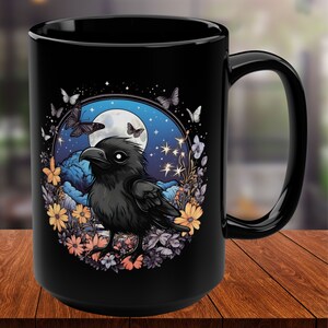 Witchy Moon Floral Raven Coffee Mug, Black, 11 Oz, 15 Oz, Baby Crow Mug ...