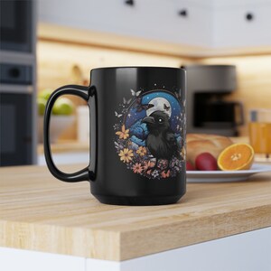 Witchy Moon Floral Raven Coffee Mug, Black, 11 Oz, 15 Oz, Baby Crow Mug ...