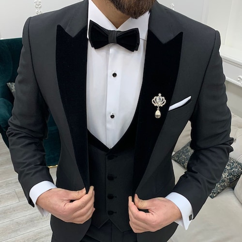 Men Suits Black Wedding Suit Black Tuxedo 3 Piece One Button Etsy