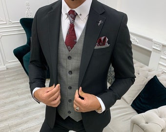 Men Suits Black 3 Piece Slim Fit Two Button Wedding Groom Party Wear Coat Pant, Black Suit for ...