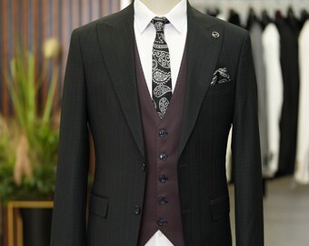 Men Suits Black 3 Piece Slim Fit Two Button Wedding Groom Party Wear Coat Pant, Men Black Suit ...