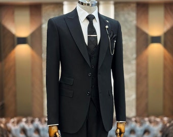 Men Suits Black 3 Piece Slim Fit Two Button Wedding Groom Party Wear Coat Pant, Black Suit for ...
