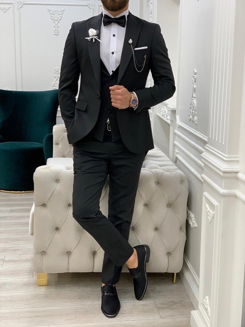 Men Suits Black Wedding Suit Tuxedo 3 Piece One Button Slim Etsy
