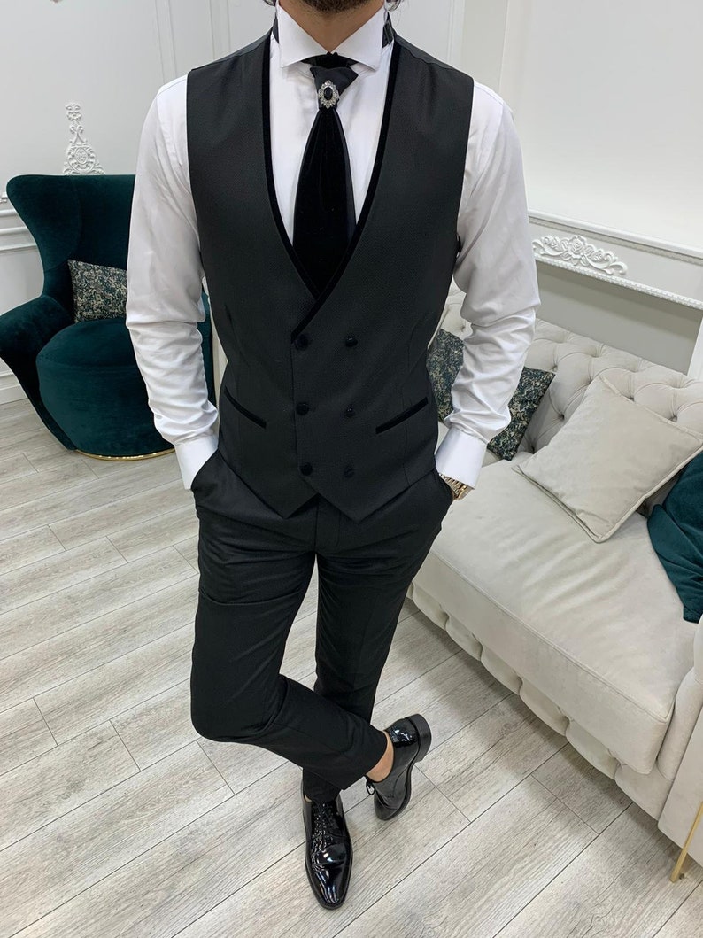 Black Suits Men 3 Piece Slim Fit One Button Wedding Groom Etsy