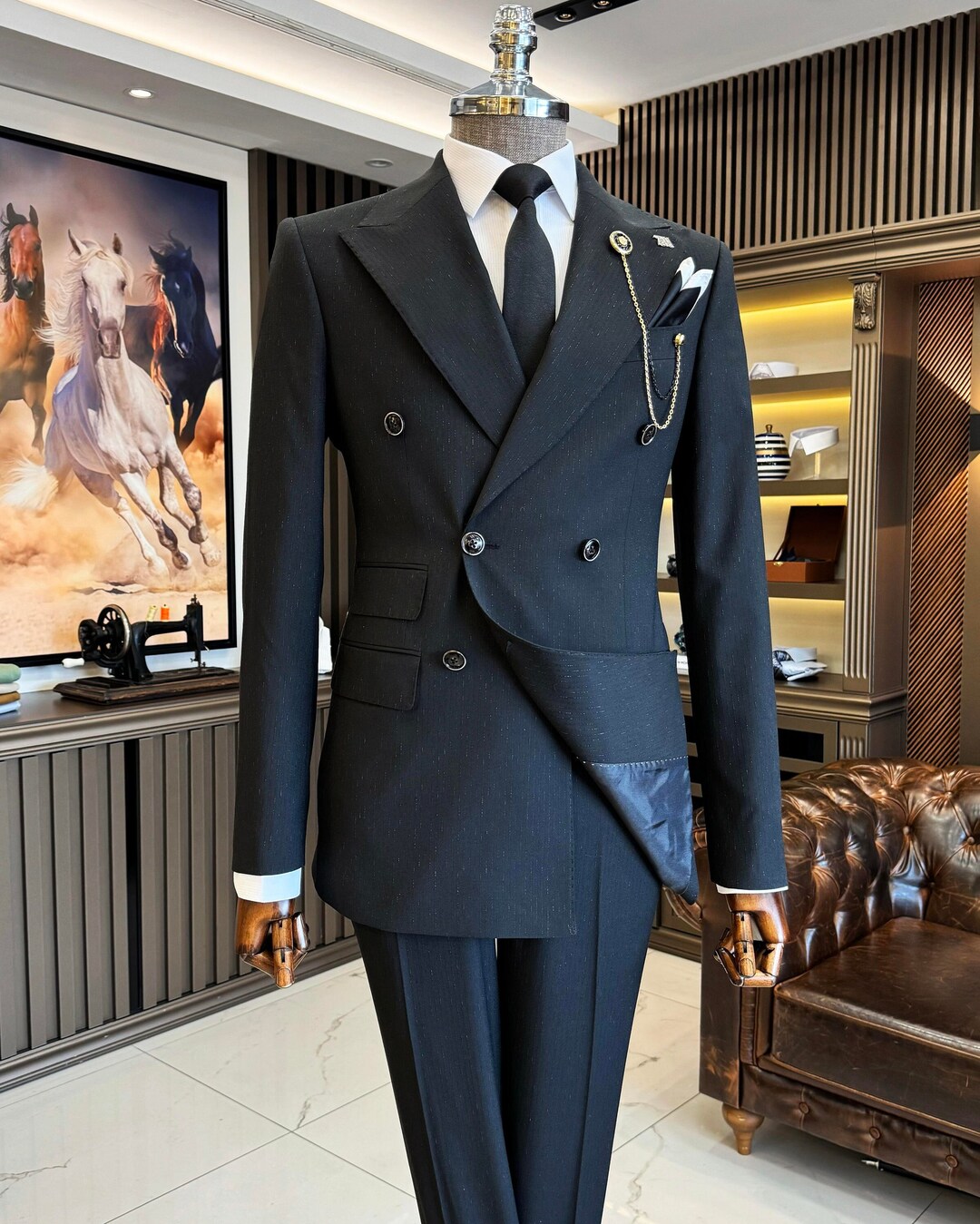 Men's 2 Piece Slim Fit Two Button Wedding Groom Black Pattern Suit, Men ...