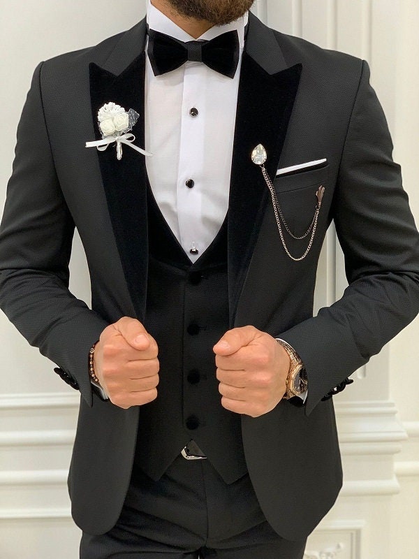 Men Suits Black Wedding Suit Black Tuxedo 3 Piece One Button Etsy