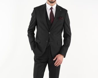 Men Suits Black 3 Piece Slim Fit Two Button Wedding Groom Party Wear Coat Pant, Black Suit for ...