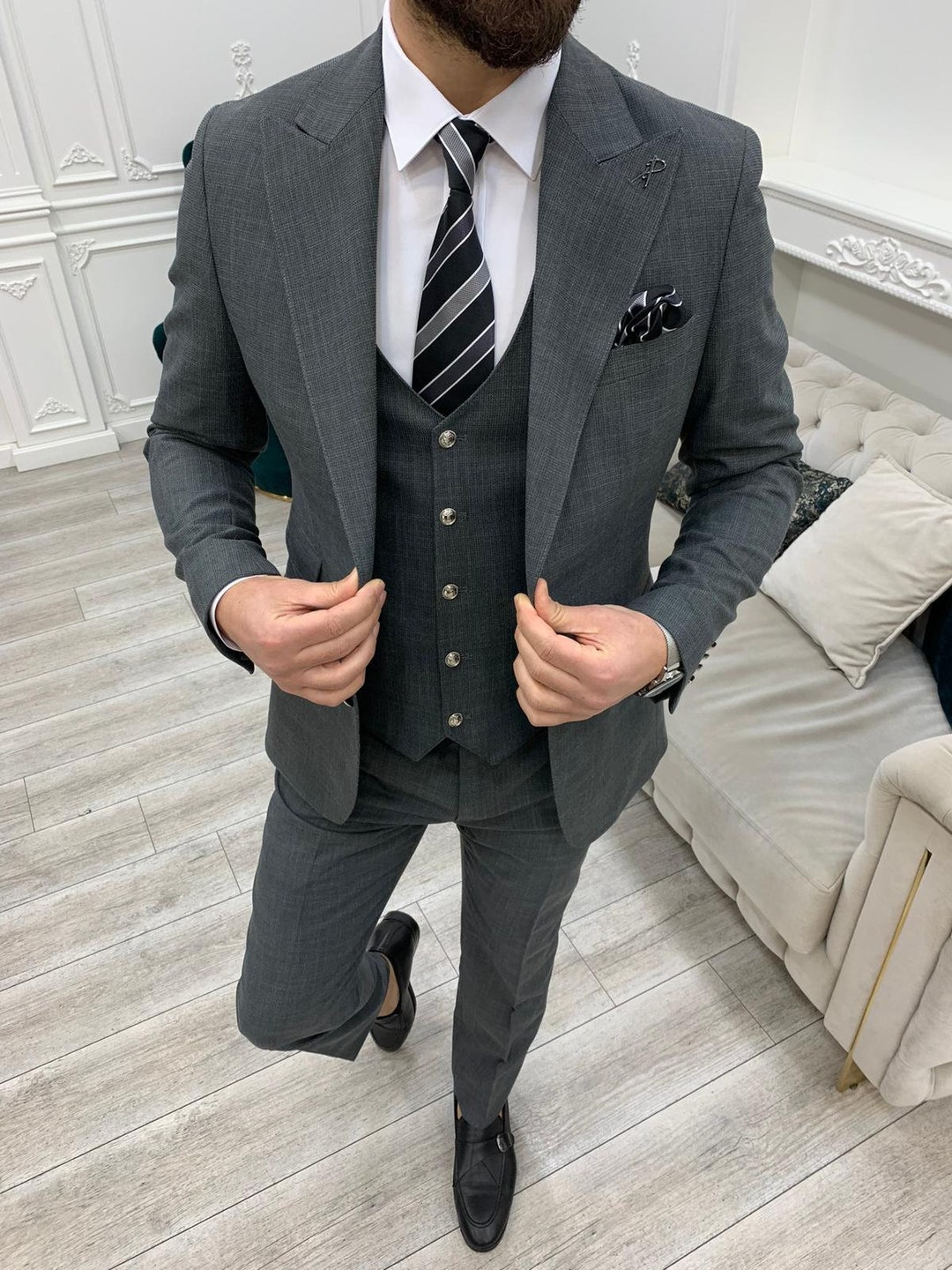 Men Suits Gray 3 Piece Slim Fit Two Button Wedding Groom Party Wear ...