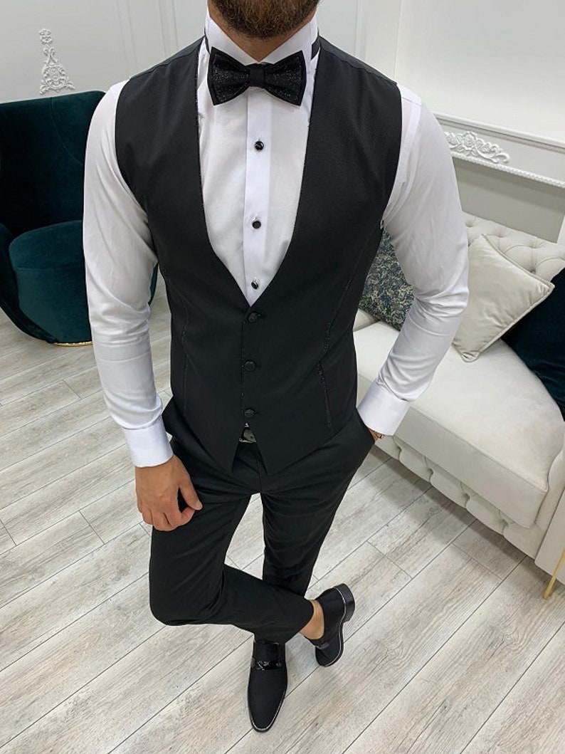 Men Suits Black Wedding Suit Tuxedo 3 Piece One Button Slim Etsy