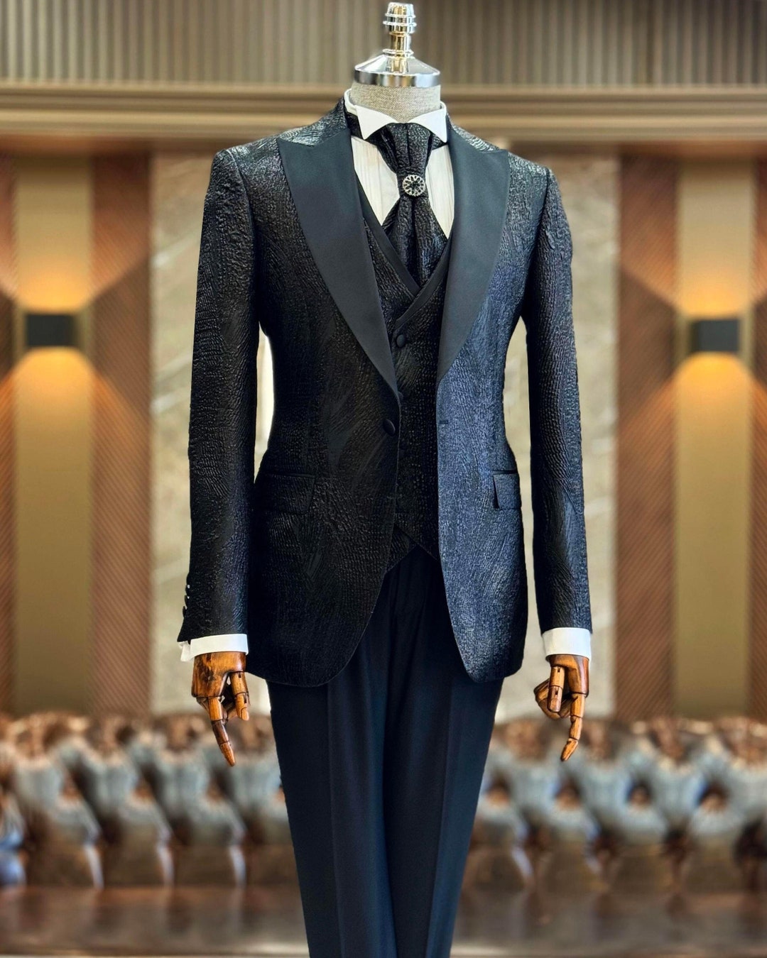 Men's Black Pattern Suit, Prom Suit for Men, Party Wear Tuxedo Suit ...