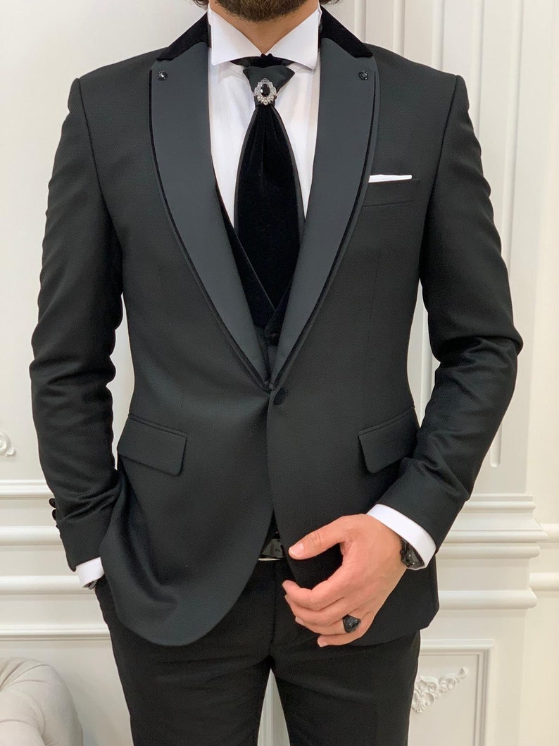 Black Suits Men 3 Piece Slim Fit One Button Wedding Groom Etsy