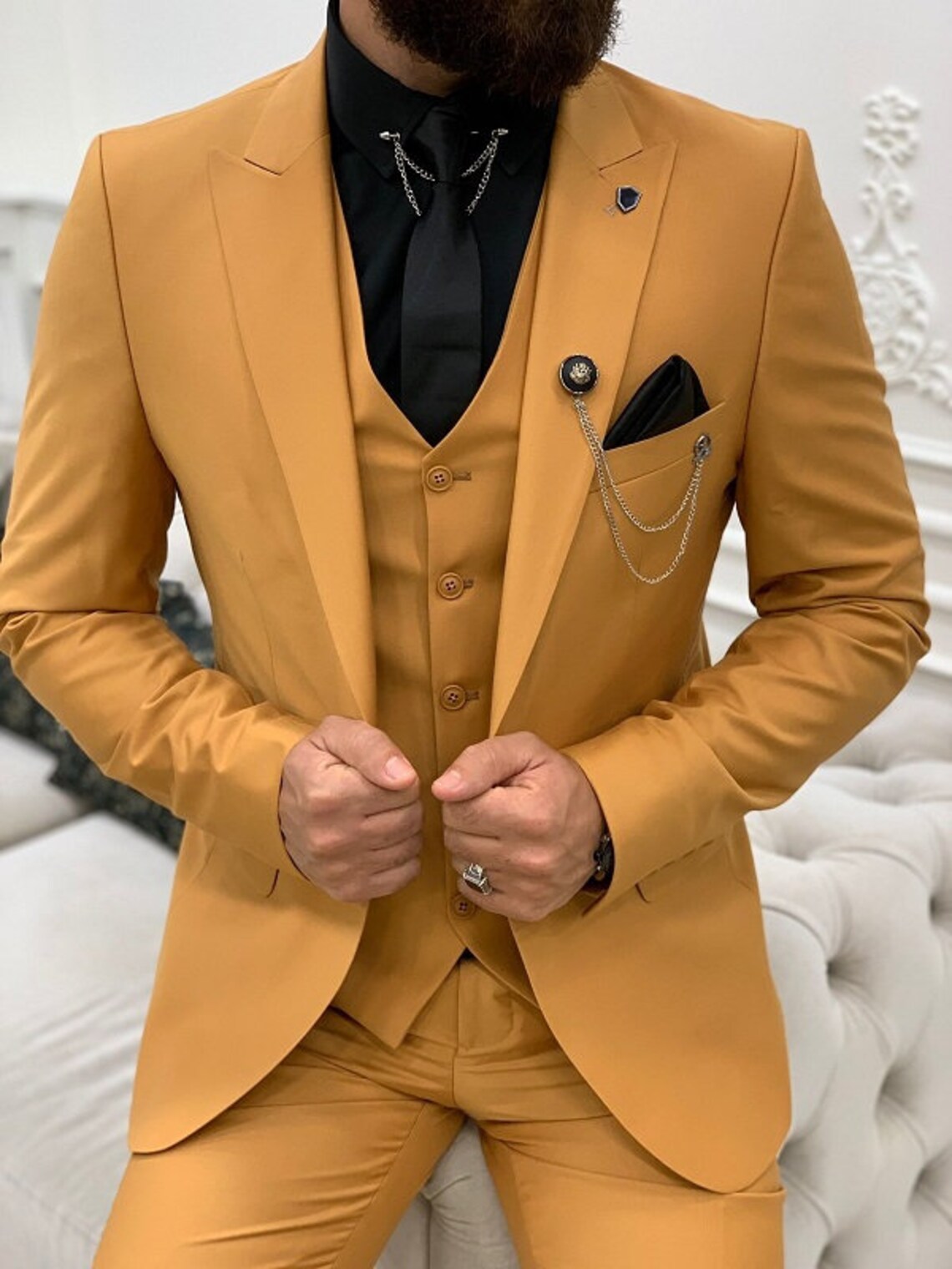 Men Suits Mustard 3 Piece Slim Fit One Button Wedding Groom Etsy