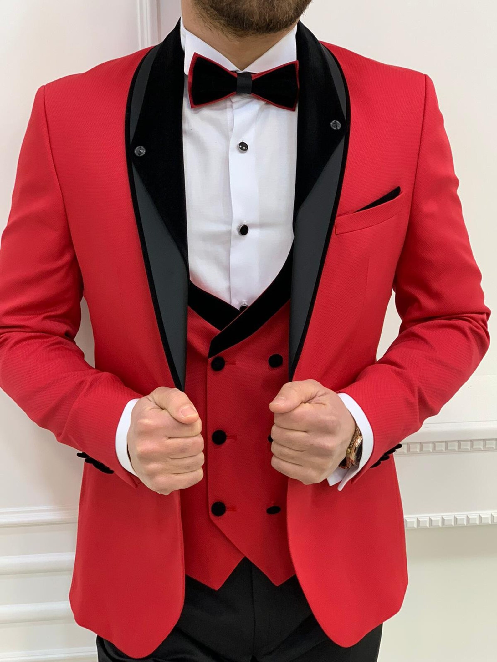 Red Suits 3 Piece Slim Fit One Button Wedding Groom Party Wear Coat ...