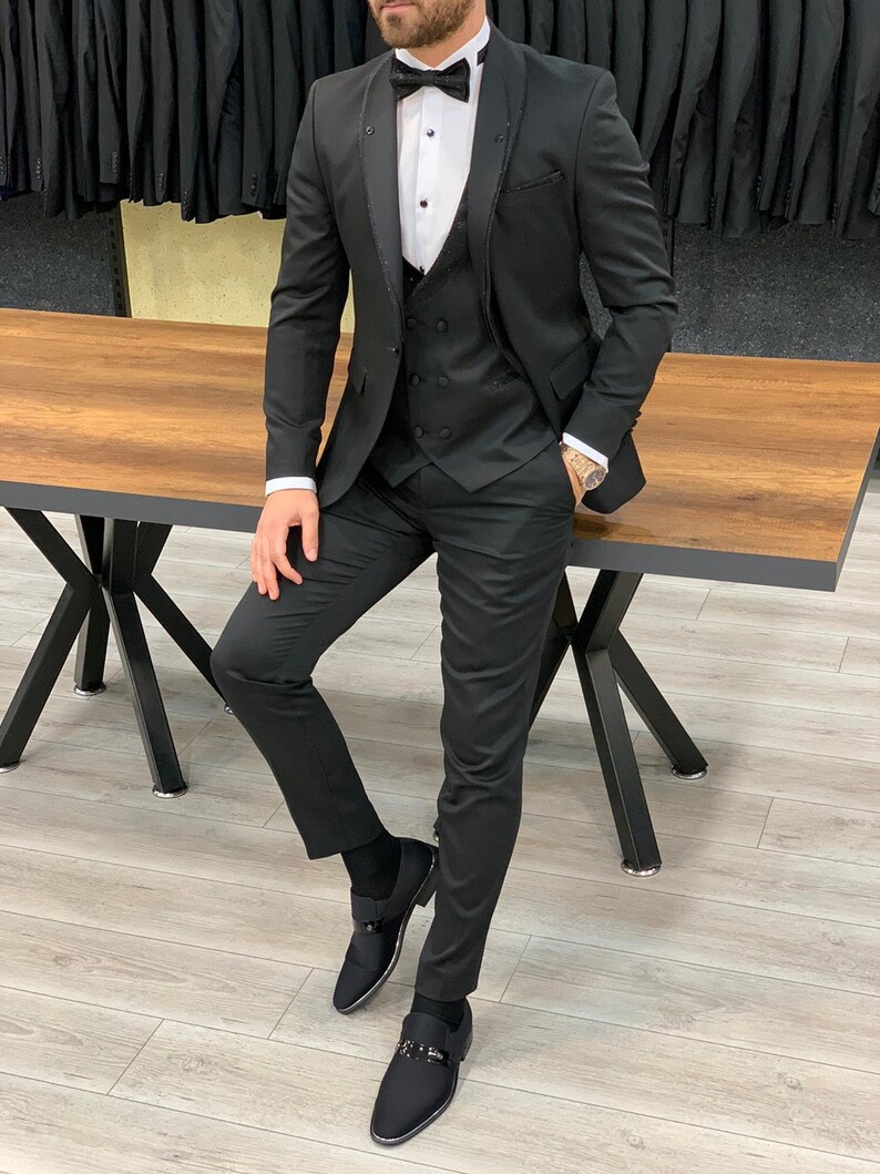 Men Suits Black Wedding Suit Tuxedo Three Piece One Button Etsy