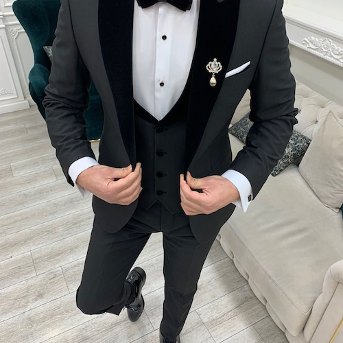 Men Suits Black Wedding Suit Black Tuxedo 3 Piece One Button Etsy