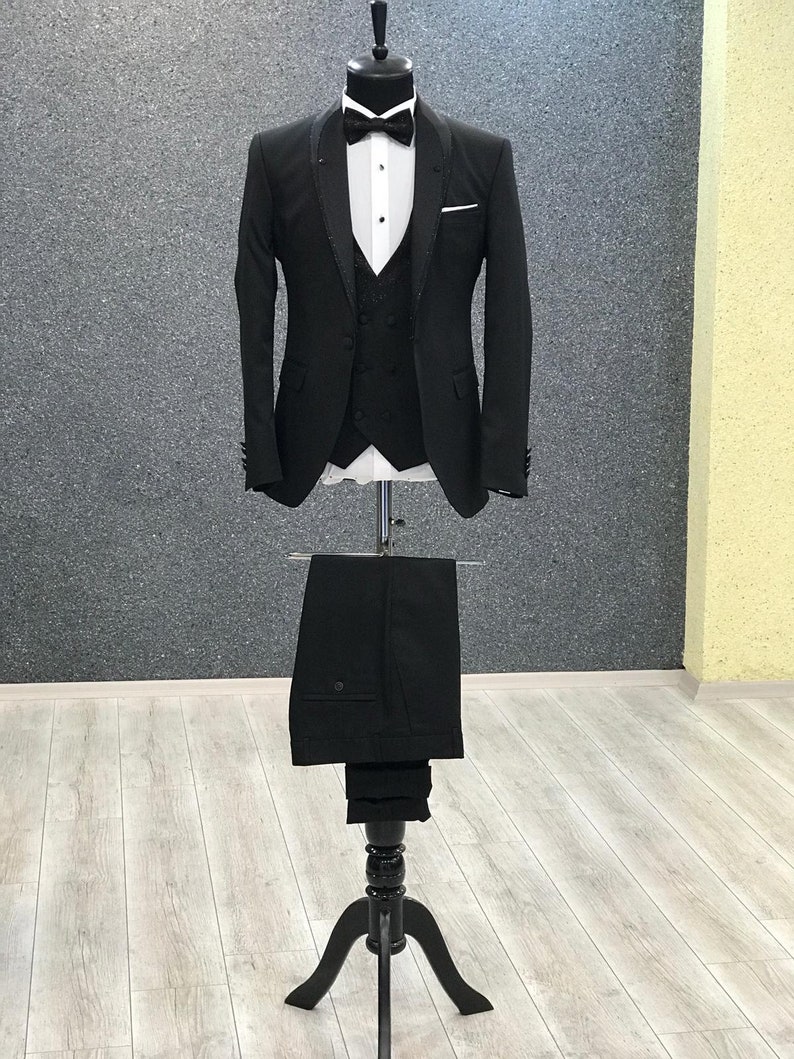 Men Suits Black Wedding Suit Tuxedo Three Piece One Button Etsy