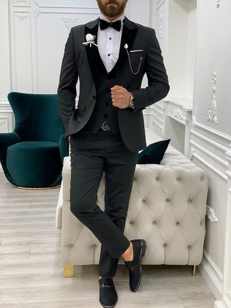 Men Suits Black Wedding Suit Black Tuxedo 3 Piece One Button Etsy