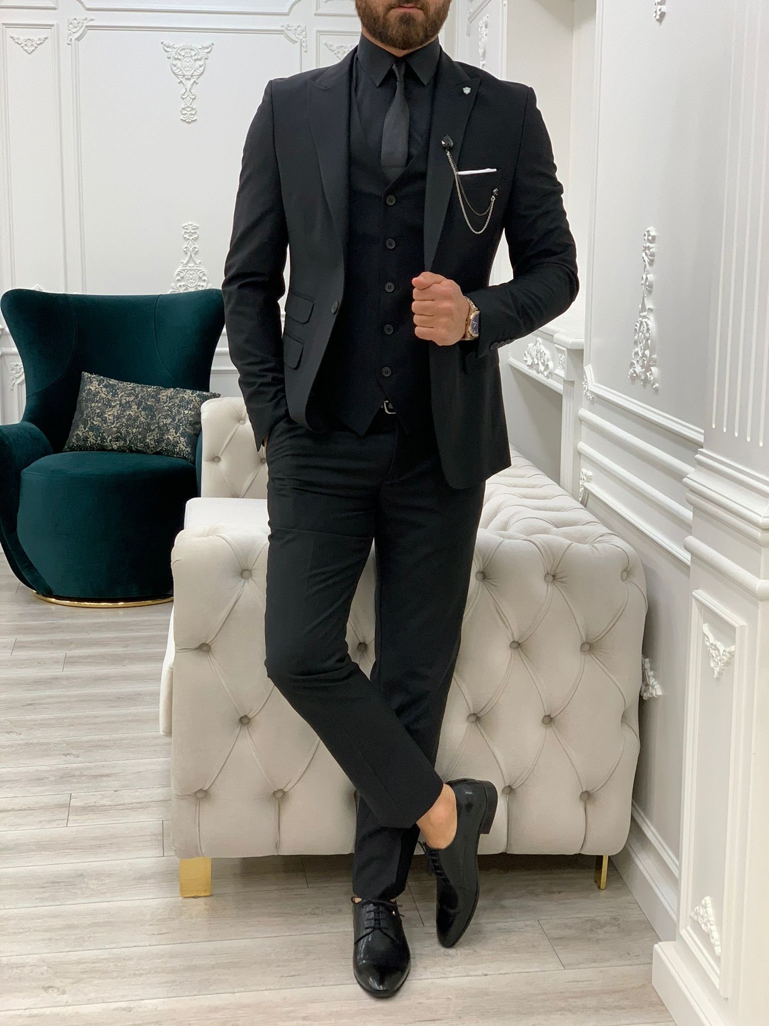 Men Suits Black 3 Piece Slim Fit One Button Wedding Groom Etsy