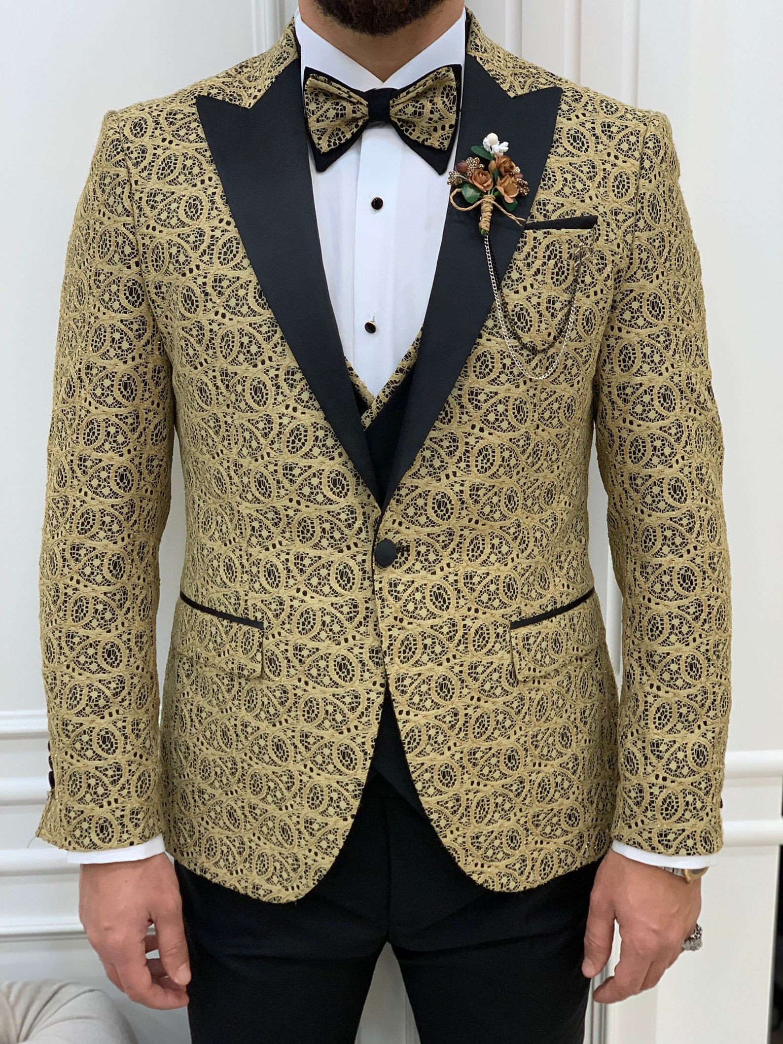 Golden Paisley Suit: Slim Fit 3-piece Wedding Tuxedo - Etsy
