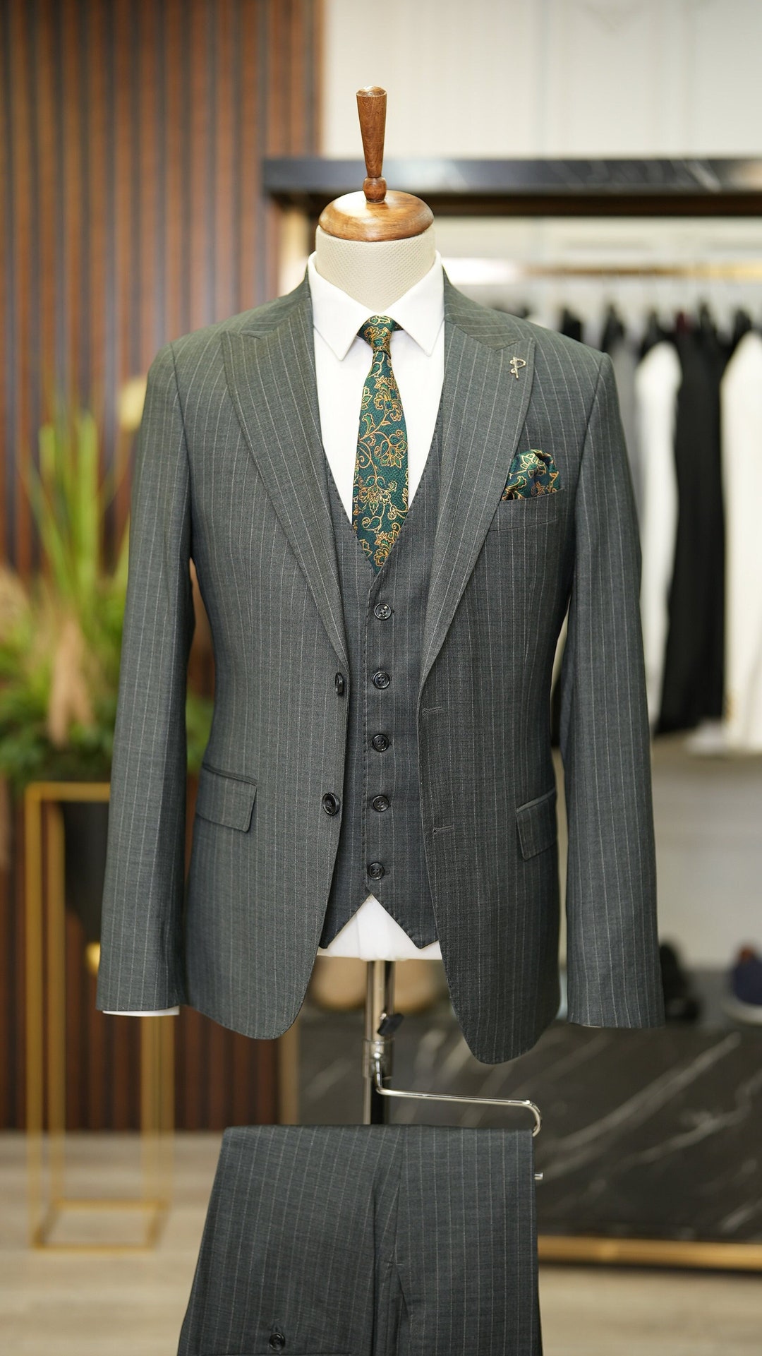 Men Suits Gray 3 Piece Slim Fit Two Button Wedding Groom Party Wear ...