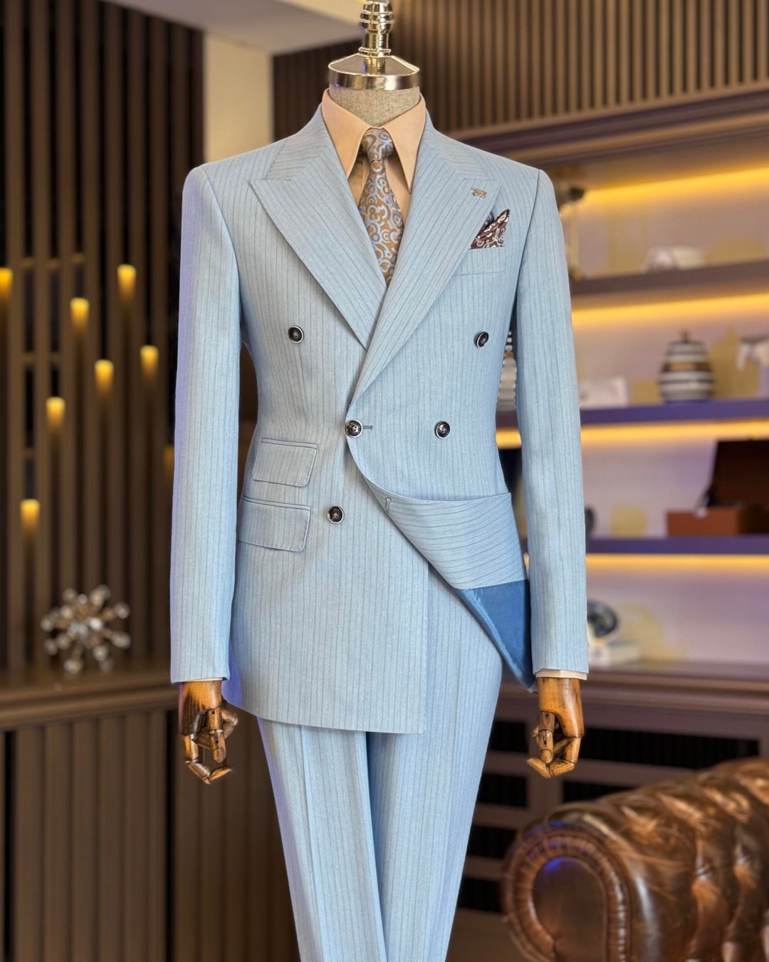 Sky Blue 2 Piece Men Slim Fit Two Button Wedding Groom Pinstripe Suit, Men Striped Suit, Sky ...