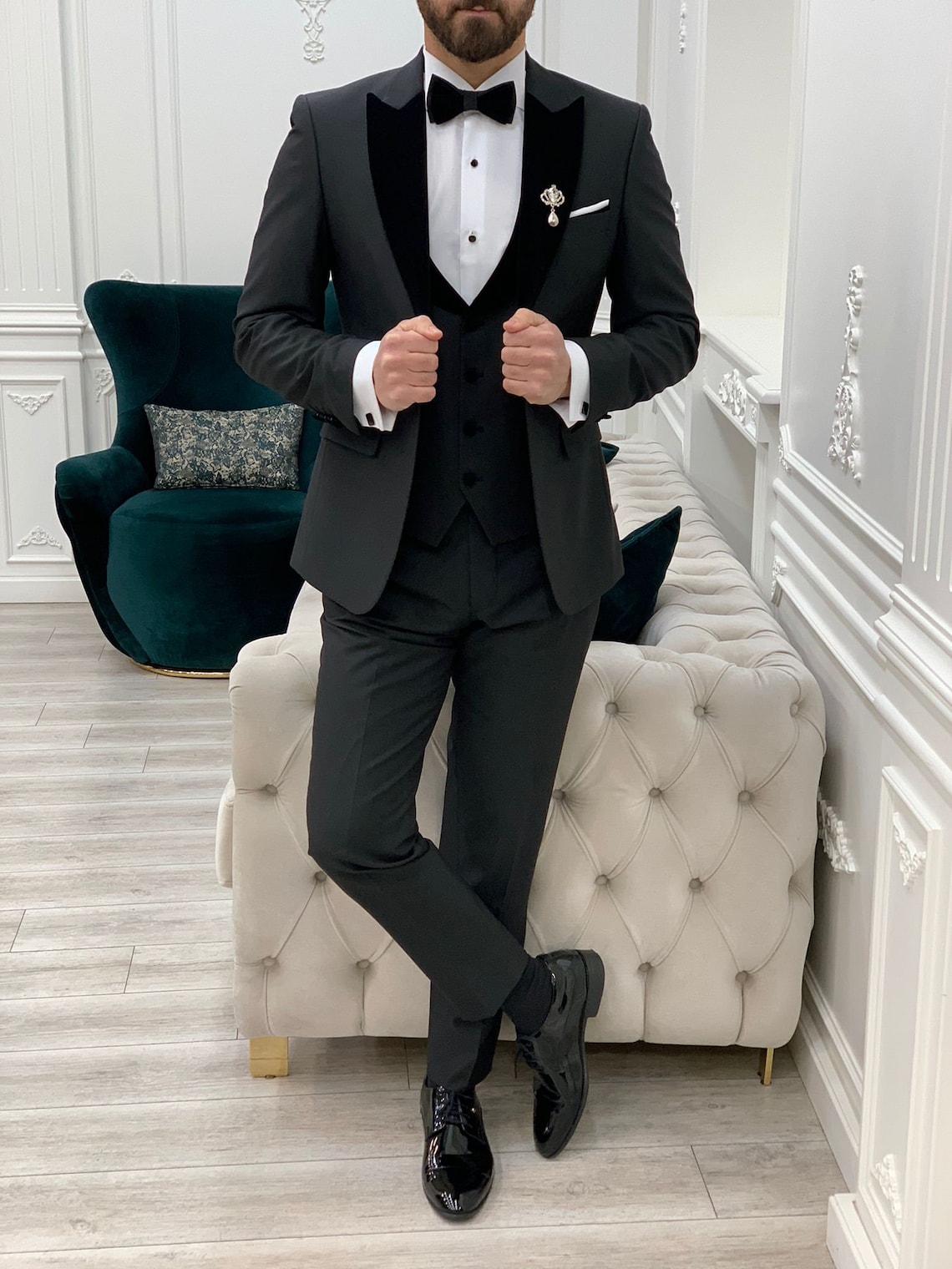 Men Suits Black Wedding Suit Black Tuxedo 3 Piece One Button Etsy
