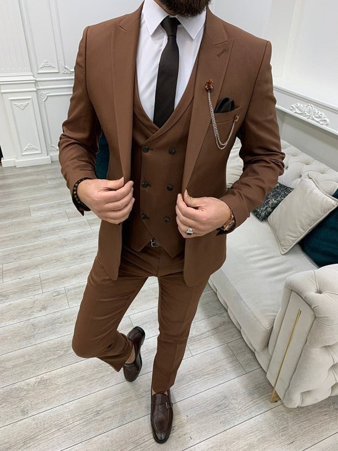 Men Suits Brown 3 Piece Slim Fit Two Button Wedding Groom Etsy