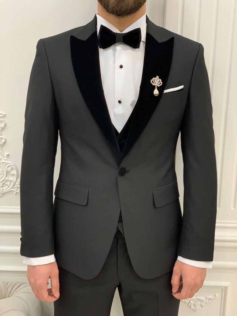 Men Suits Black Wedding Suit Black Tuxedo 3 Piece One Button Etsy