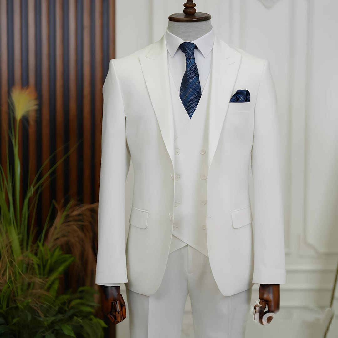 Men Suits White 3 Piece Slim Fit One Button Wedding Groom Party Wear ...
