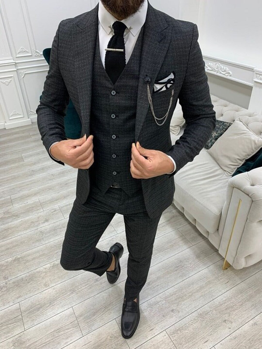 Men Suits Black 3 Piece Slim Fit One Button Wedding Groom Etsy