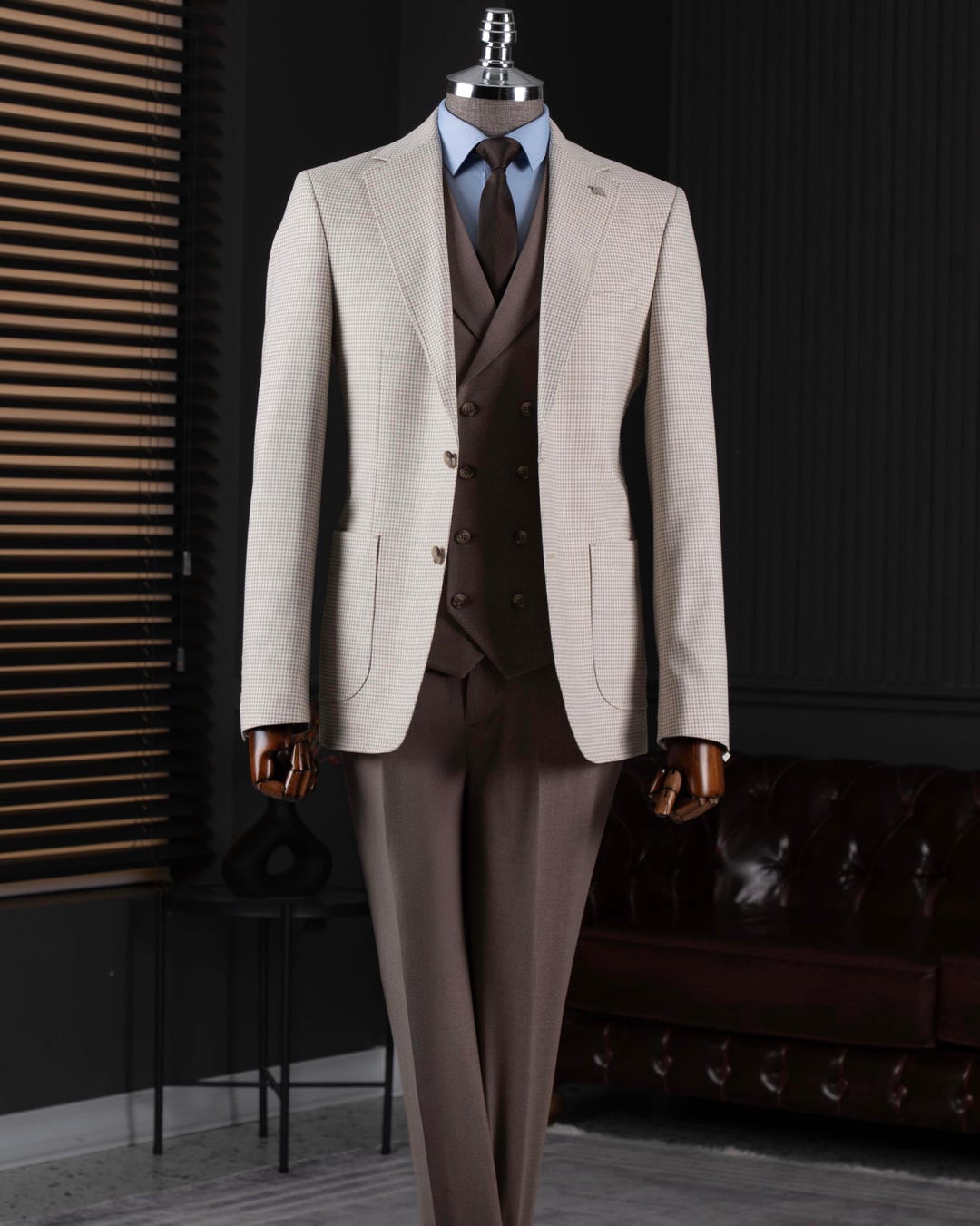 Beige Check Blazer Suit: Men's Brown Slim Fit 3-piece Peak Lapel Suit ...