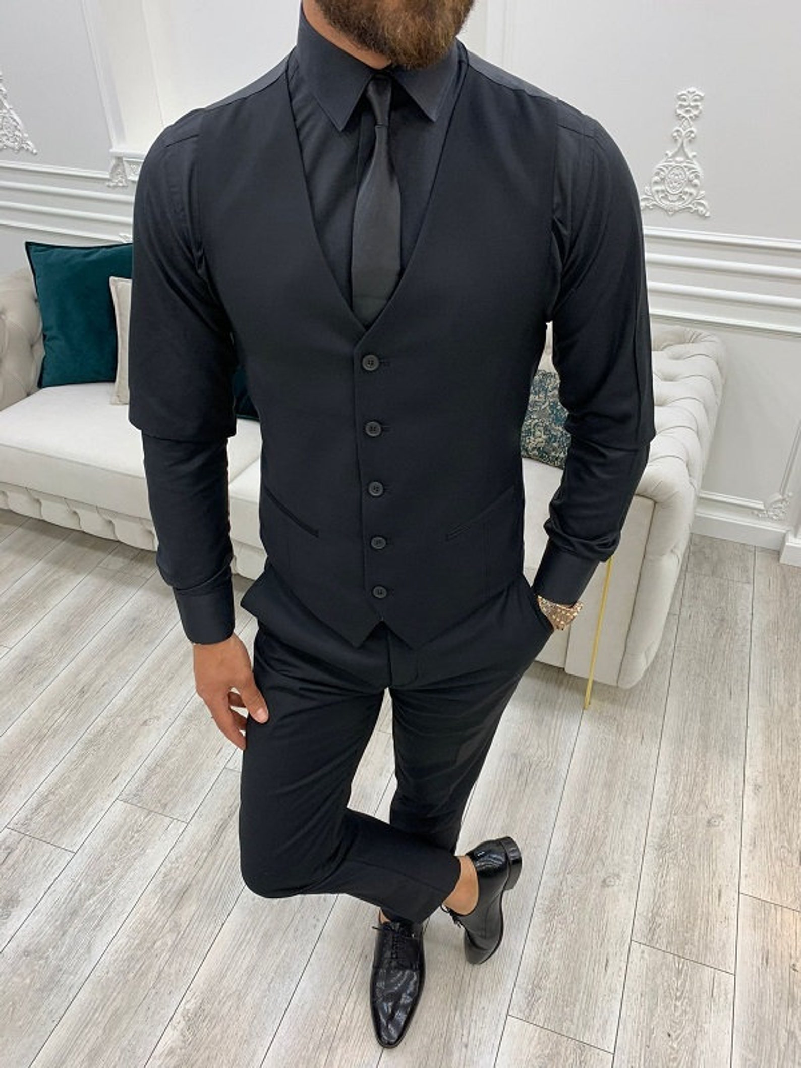 Men Suits Black 3 Piece Slim Fit One Button Wedding Groom Etsy