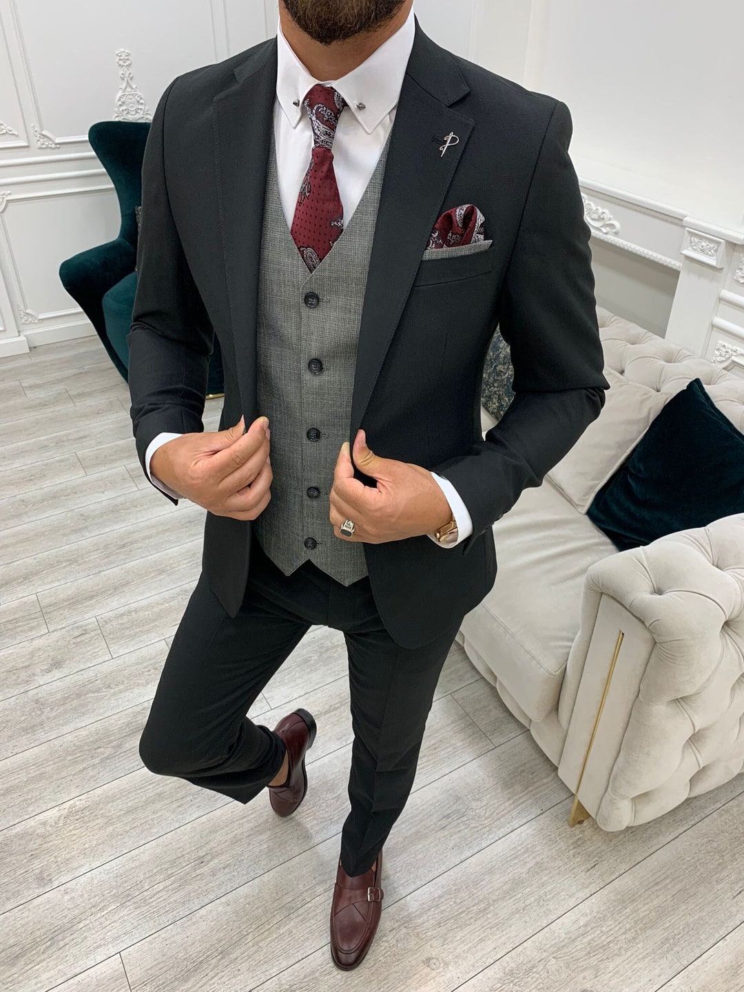 Men Suits Black 3 Piece Slim Fit Two Button Wedding Groom Party Wear ...