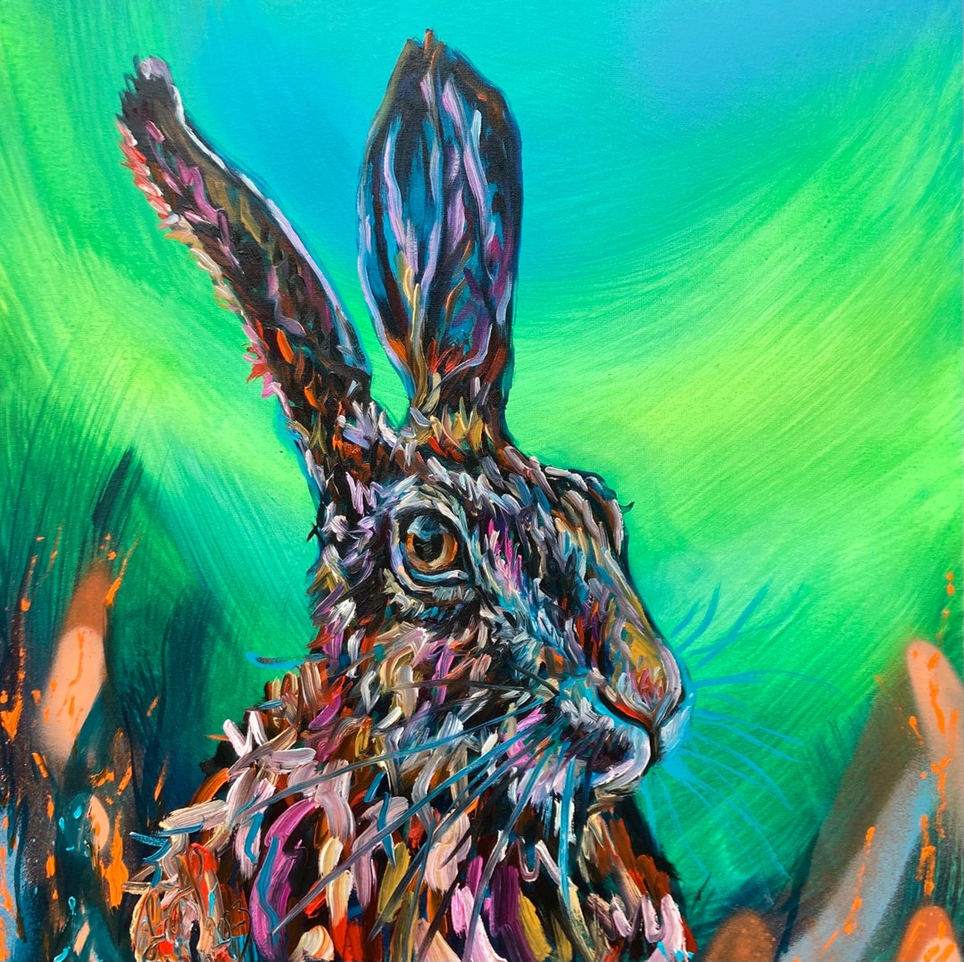 Colourful Hare Original Painting, 50 X 50cm, Handpainted Artwork by ...