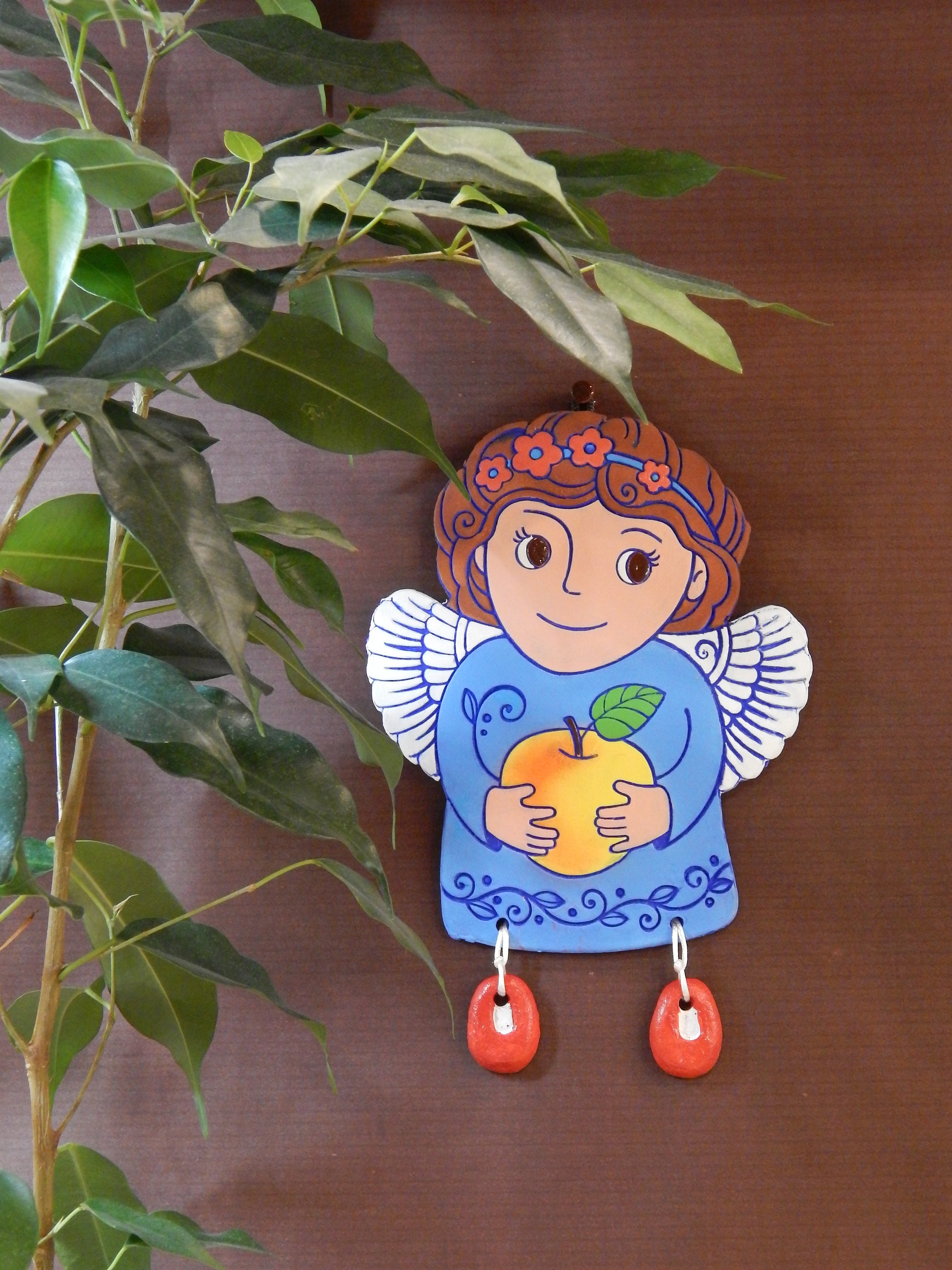 Ceramic Wall Angel With Apple. Sky Blue Angel. Ceramic Wall Art. Angel ...