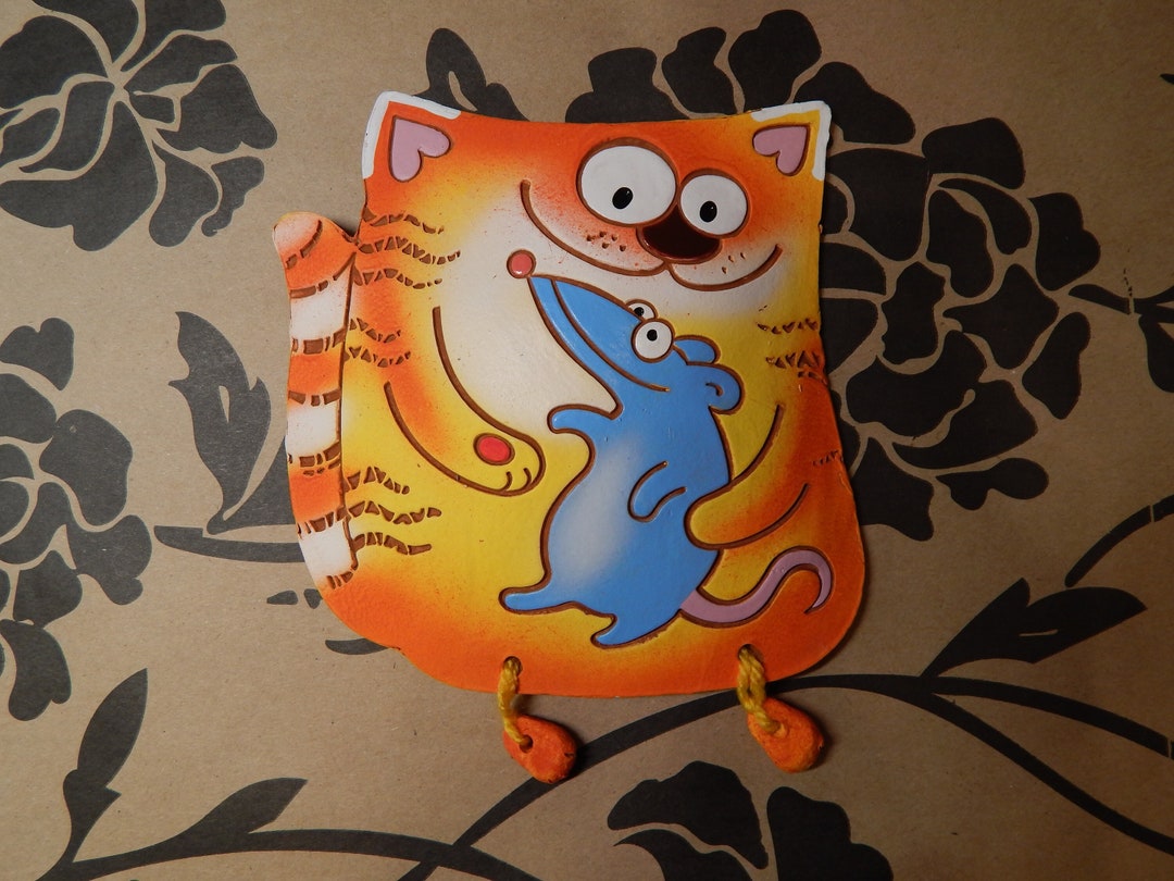 Ceramic Wall Cat With a Mouse. Ginger Cat. Ceramic Wall Art. Cat Wall ...