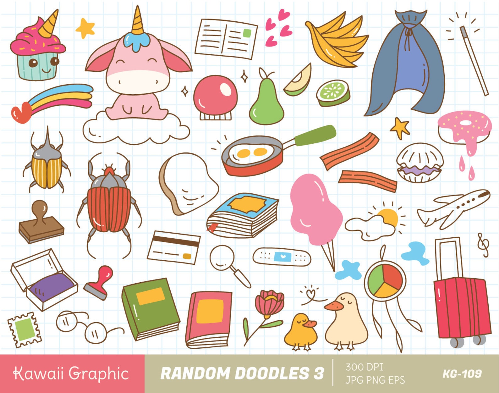 Random Kawaii Doodle Clipart, Cute Vector Clipart, Digital Download ...